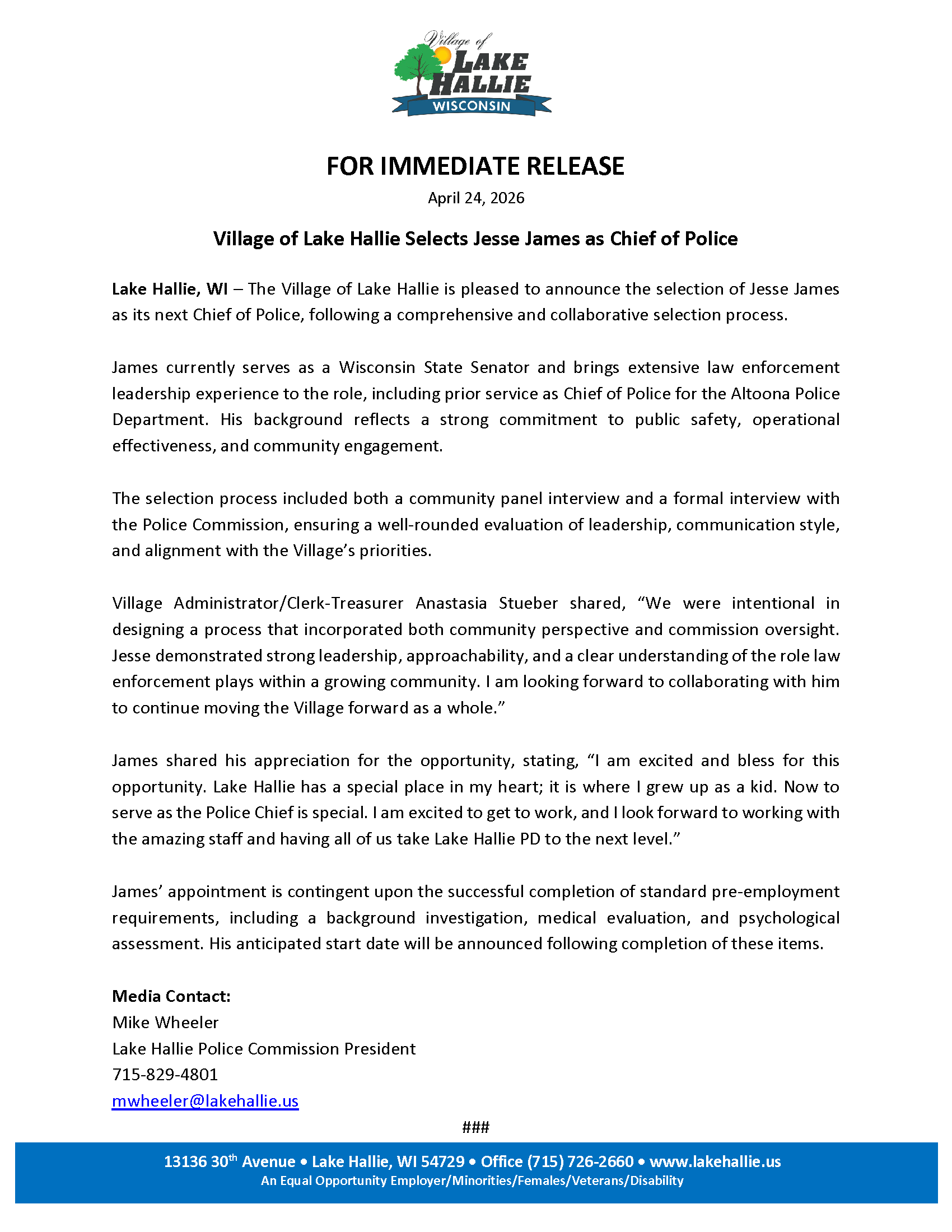 Press Release: Selection of Chief of Police - Village of Lake Hallie